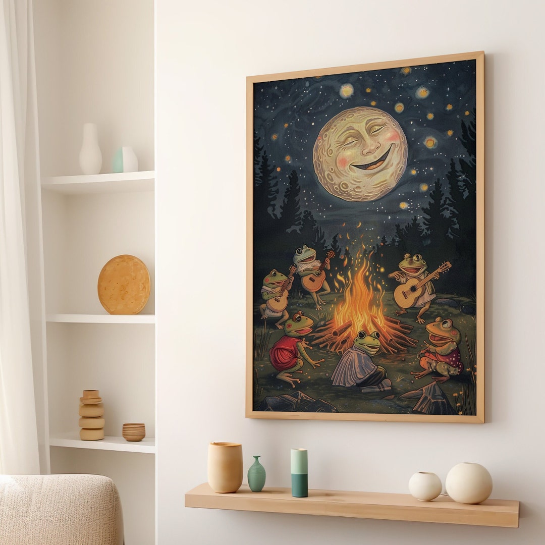 Smiling Moon Over Singing Frogs Retro Frog Poster or Canvas, Frogs ...