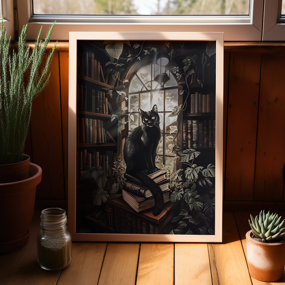 Dark Cottagecore Art Black Cat in Library Poster Print or Canvas, Cat ...