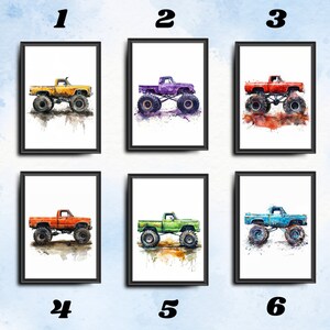 6 Piece Set Monster Truck Poster Watercolor Art Print, Kids Room Wall ...