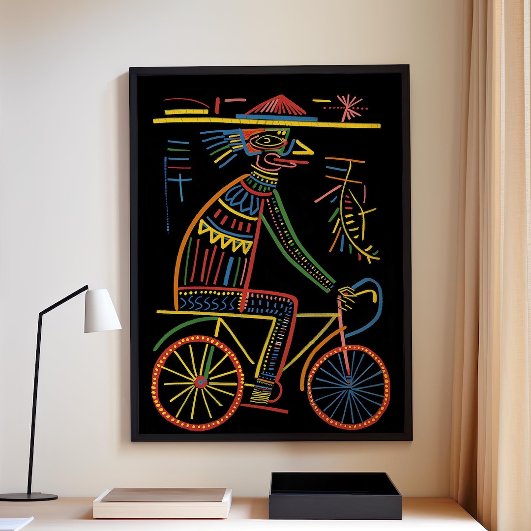 Haitian Voodoo Folk Art Modern Art Man on Bicycle Colorful Line Art Poster or Canvas Print ...