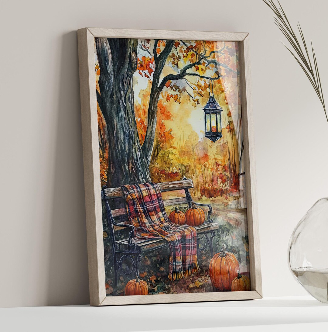 Autumn Bench Watercolor Painting Poster or Canvas Print, Pumpkins Fall ...