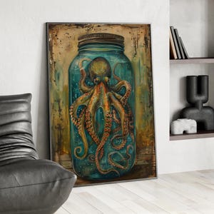 Octopus in Mason Jar Watercolor Art Print, Nautical Decor Sea Life Wall ...