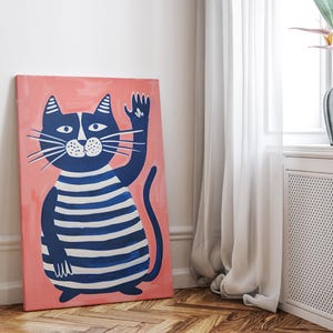 Minimalistic Blue Cat Pink Painting Poster or Canvas Print, Cat in ...