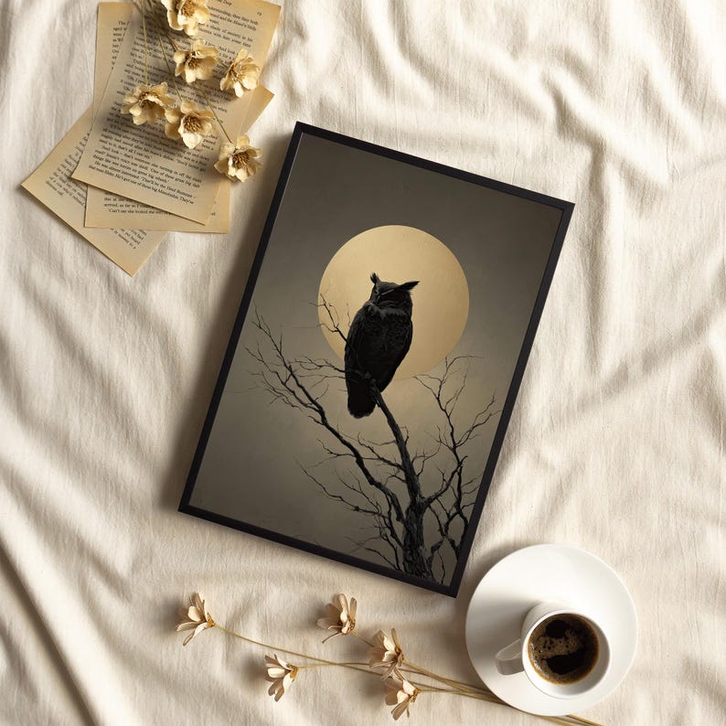 Mythic Owl on Bare Branch With Full Moon Oil Painting, Poster or Canvas ...