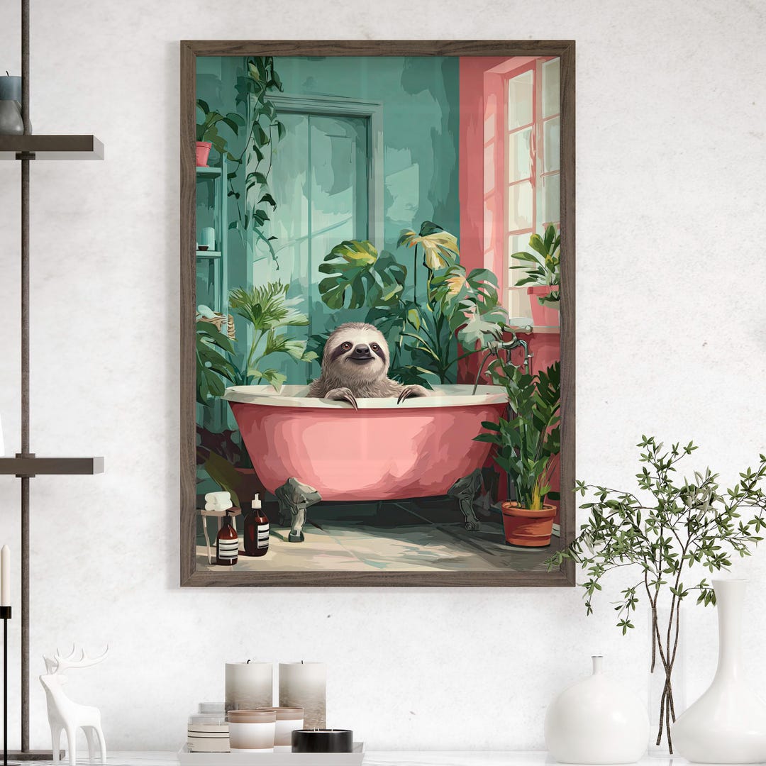 Sloth Bath Time Wall Art Poster or Canvas Print, Sloth in Clawfoot Tub ...