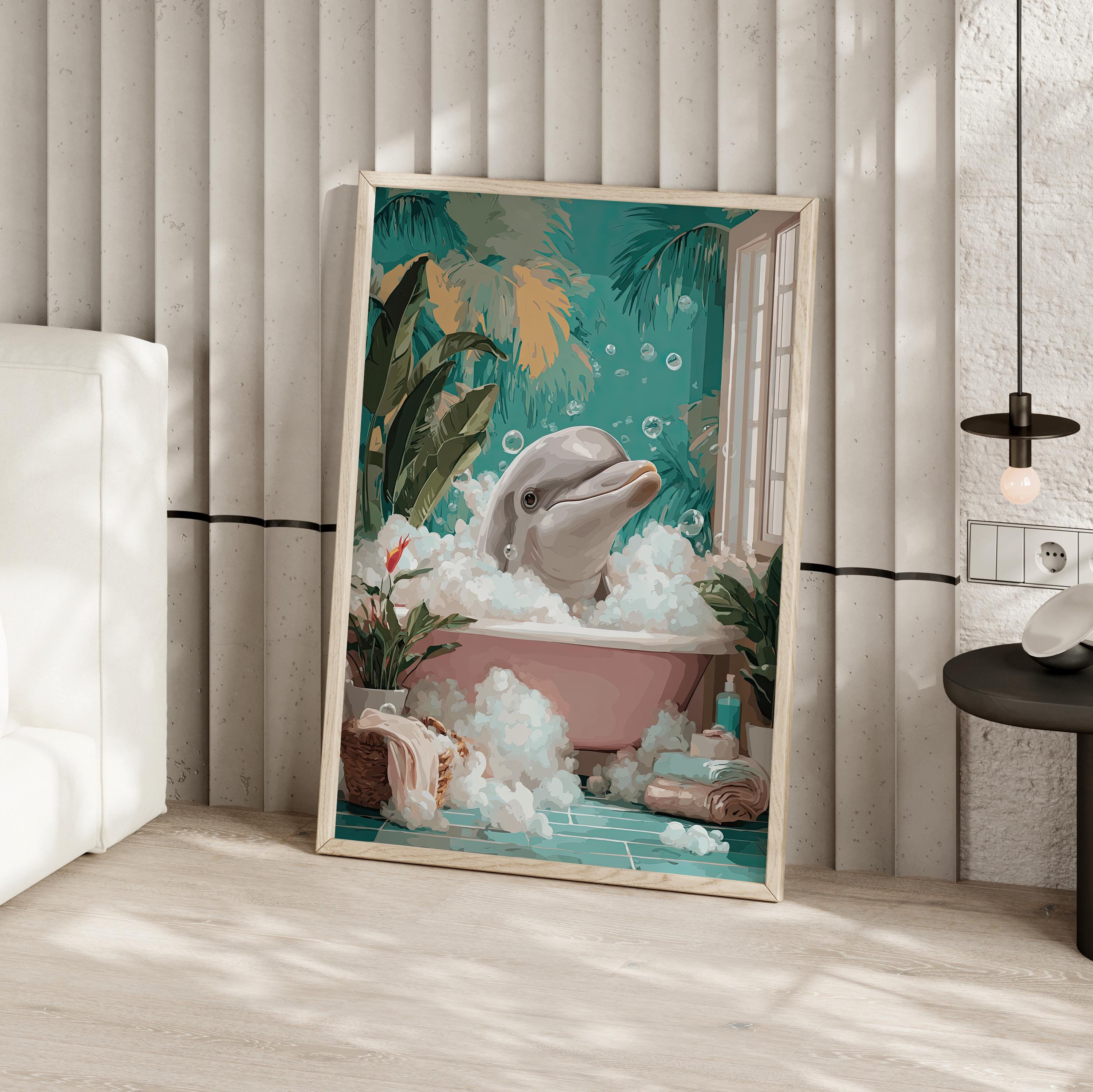 Cute Dolphin in Bubble Bath Art Poster or Canvas Print, Ocean Bathroom ...