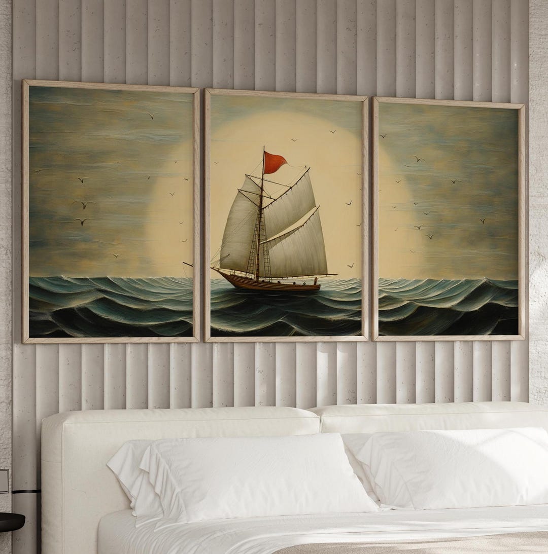 Rustic Warm Colored Sailing on a Sea Art Print or Canvas Set, Mute ...