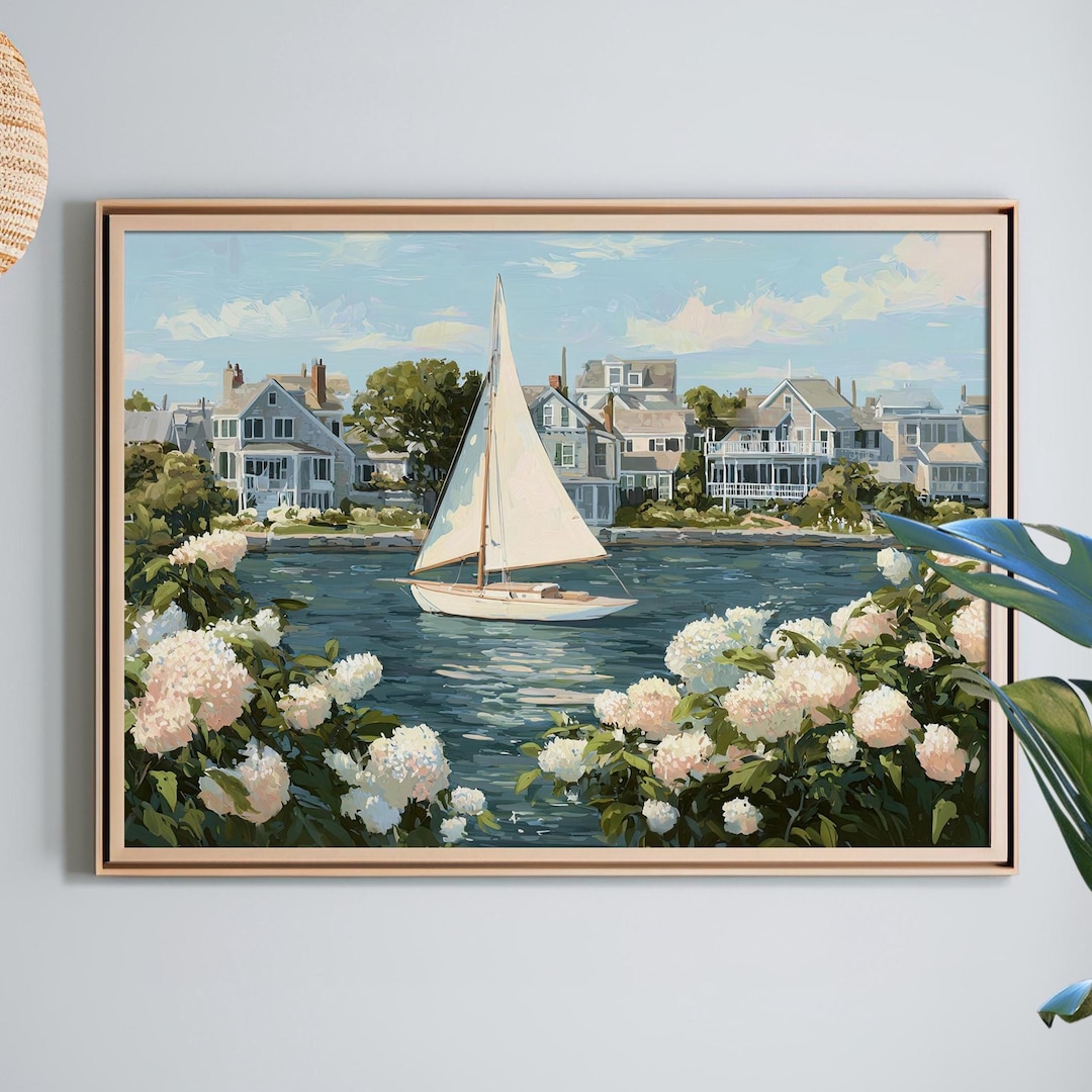 Nantucket Sailboat and Hydrangeas Wall Art Poster or Canvas Print ...