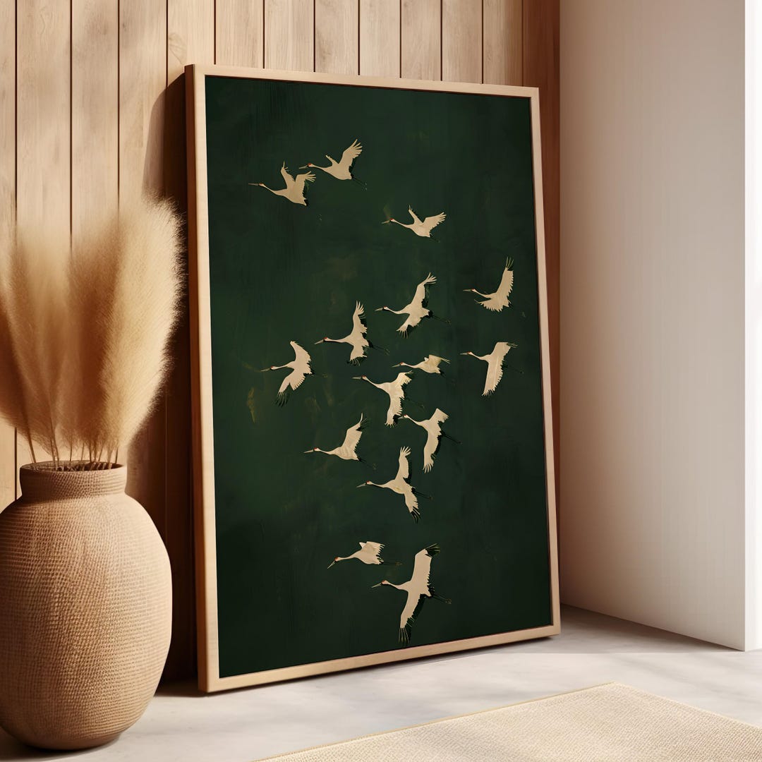Japanese Cranes in Flight Emerald Green Art Print Canvas or Poster ...