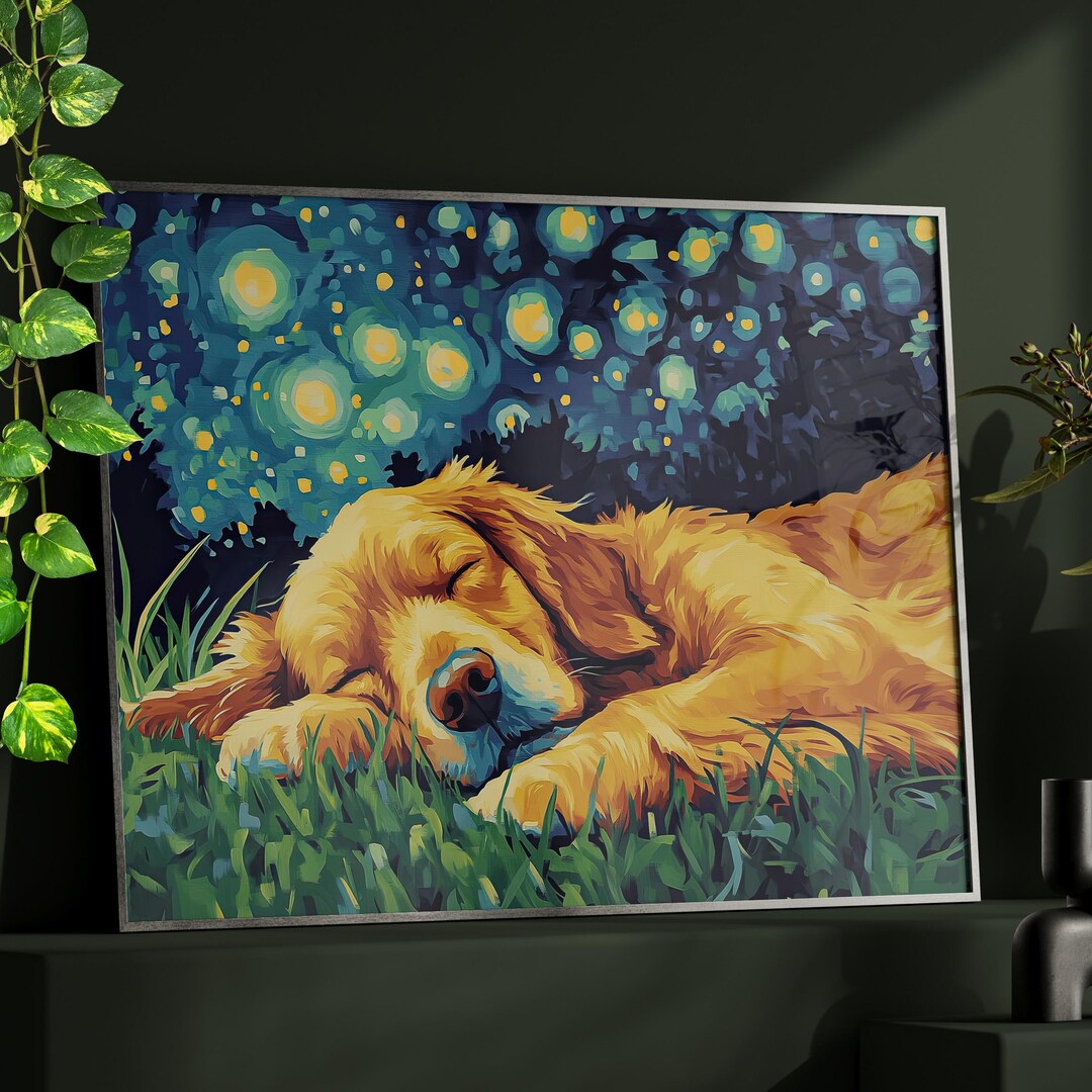 Sleeping Golden Retriever Dog Van Gogh Inspired Painting Poster or ...