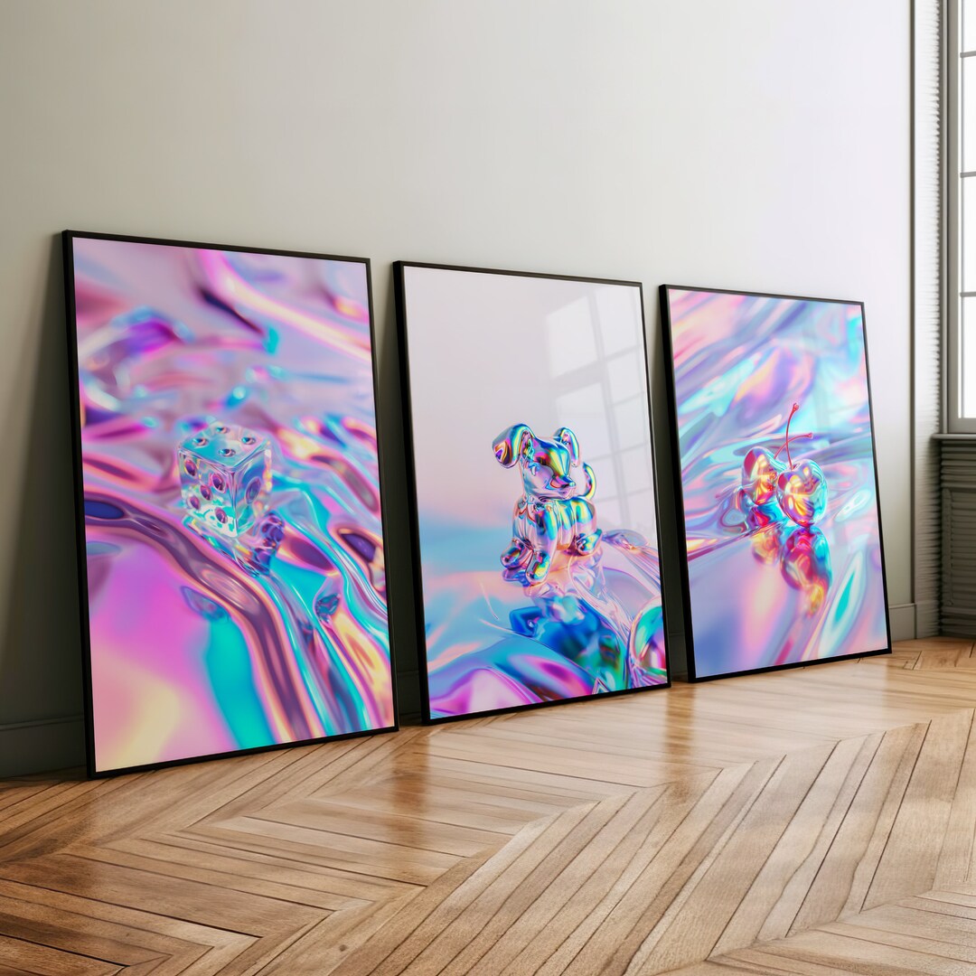 Gradient Holographic Art Print Set of 3 Prints, Colorful Abstract ...