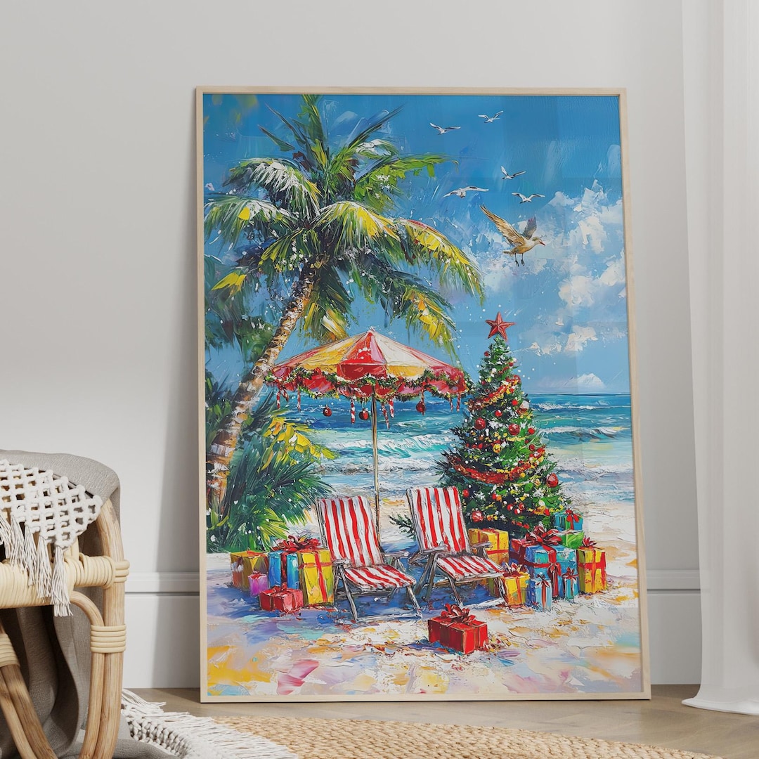 Whimsical Beach Christmas Scene Art Poster or Canvas Print, Christmas ...