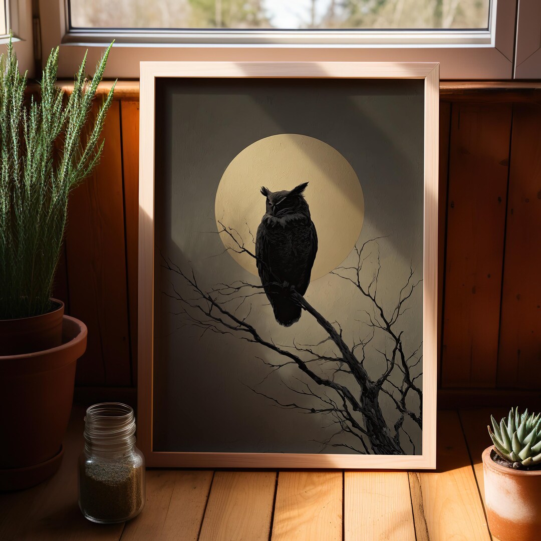 Mythic Owl on Bare Branch With Full Moon Oil Painting, Poster or Canvas ...
