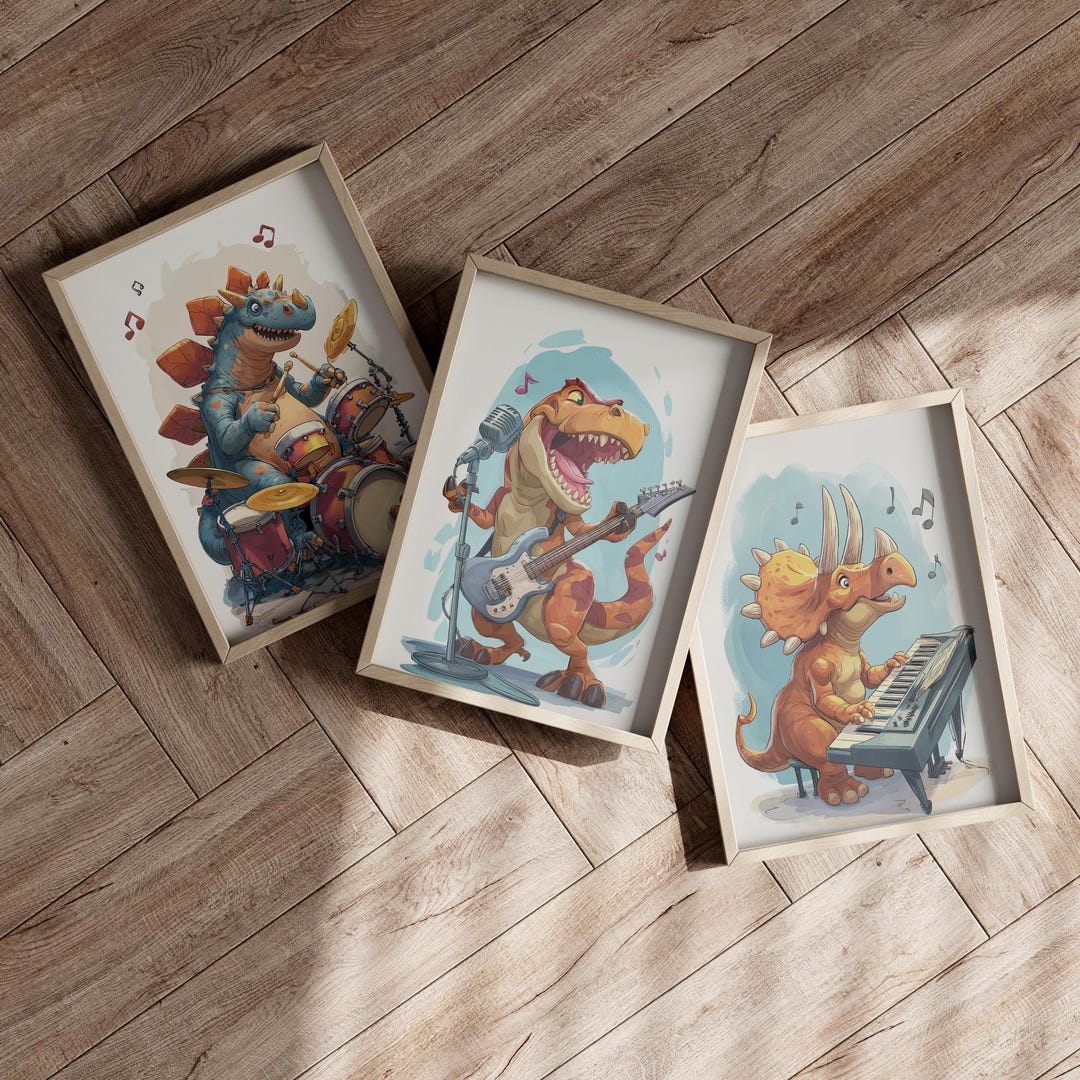 Dinosaur Band Wall Art Set of 3 Poster or Canvas Prints, Guitar Drums ...