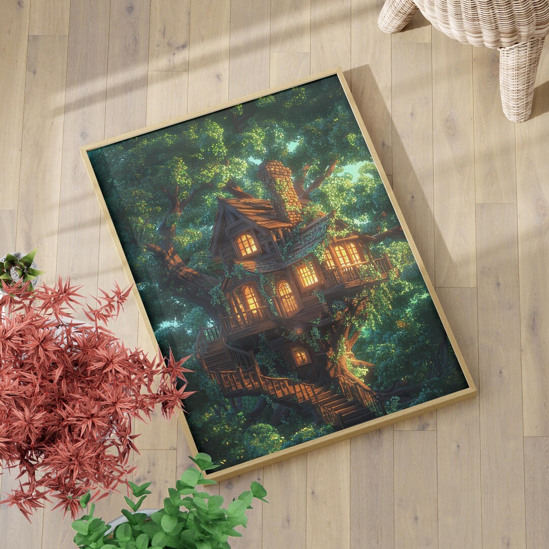 Fantasy Treehouse in Ancient Oak Cozy Art Print Poster or Canvas, Lush ...