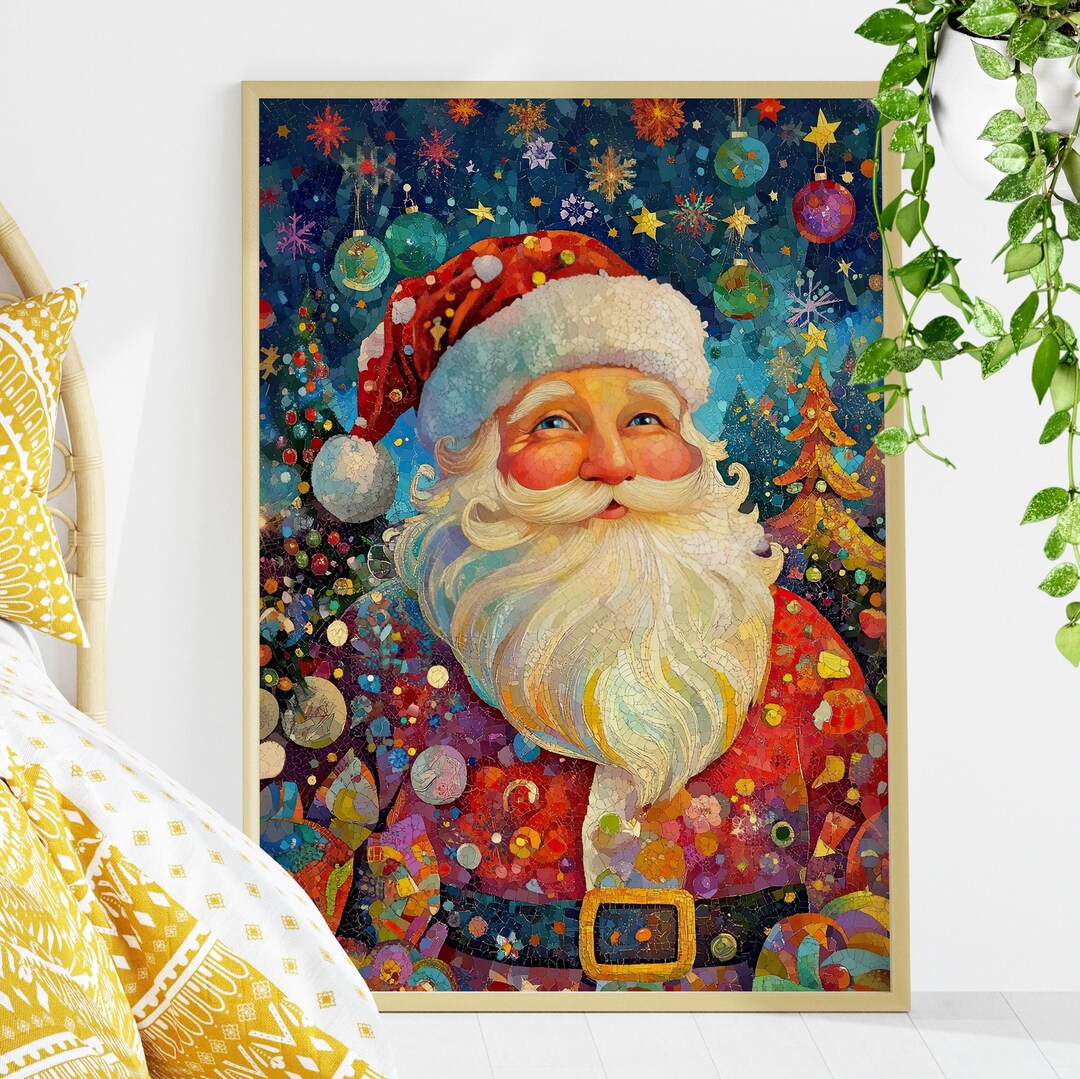 Whimsical Santa Mosaic Wall Art Poster or Canvas Print, Christmas Tree ...