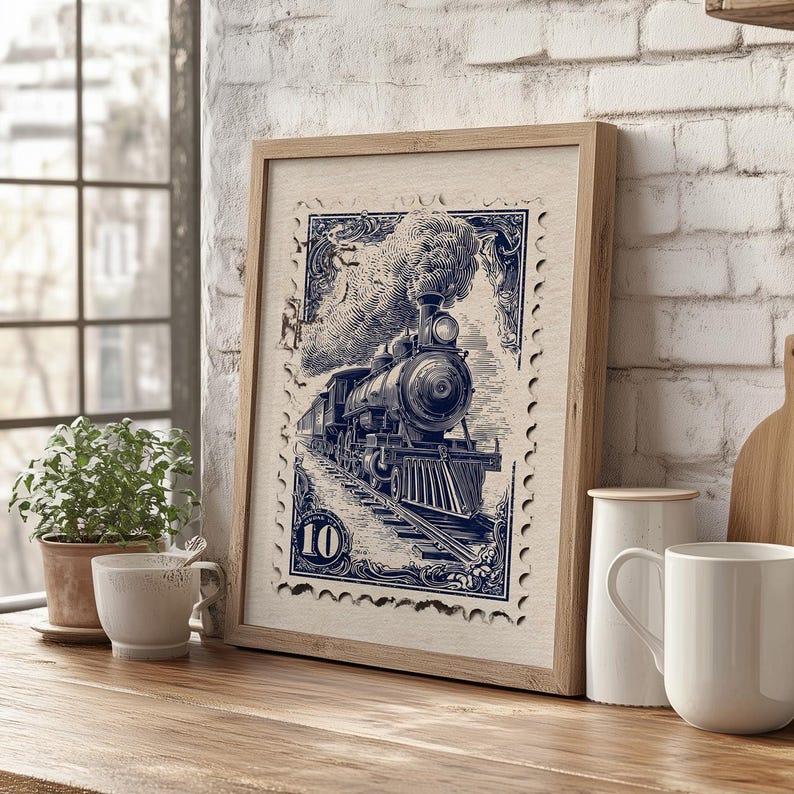 Vintage Steam Locomotive Postage Stamp Art Poster or Canvas Print ...