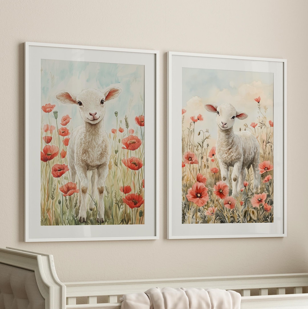 Cute Lamb in a Poppy Flower Field Set of 2 Watercolor Poster or Canvas ...