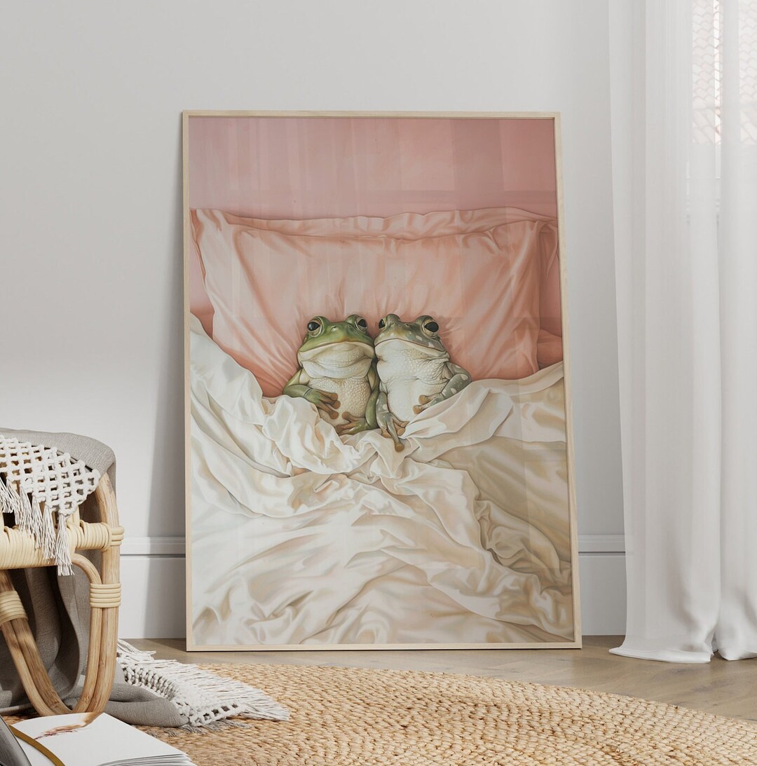 Romantic Couple Frog in Bed Canvas Poster, Whimsical Retro Frog ...