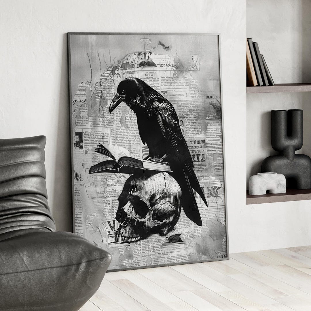 Crow Reading Book on the Skull Poster or Canvas Print, Newspaper Wall ...