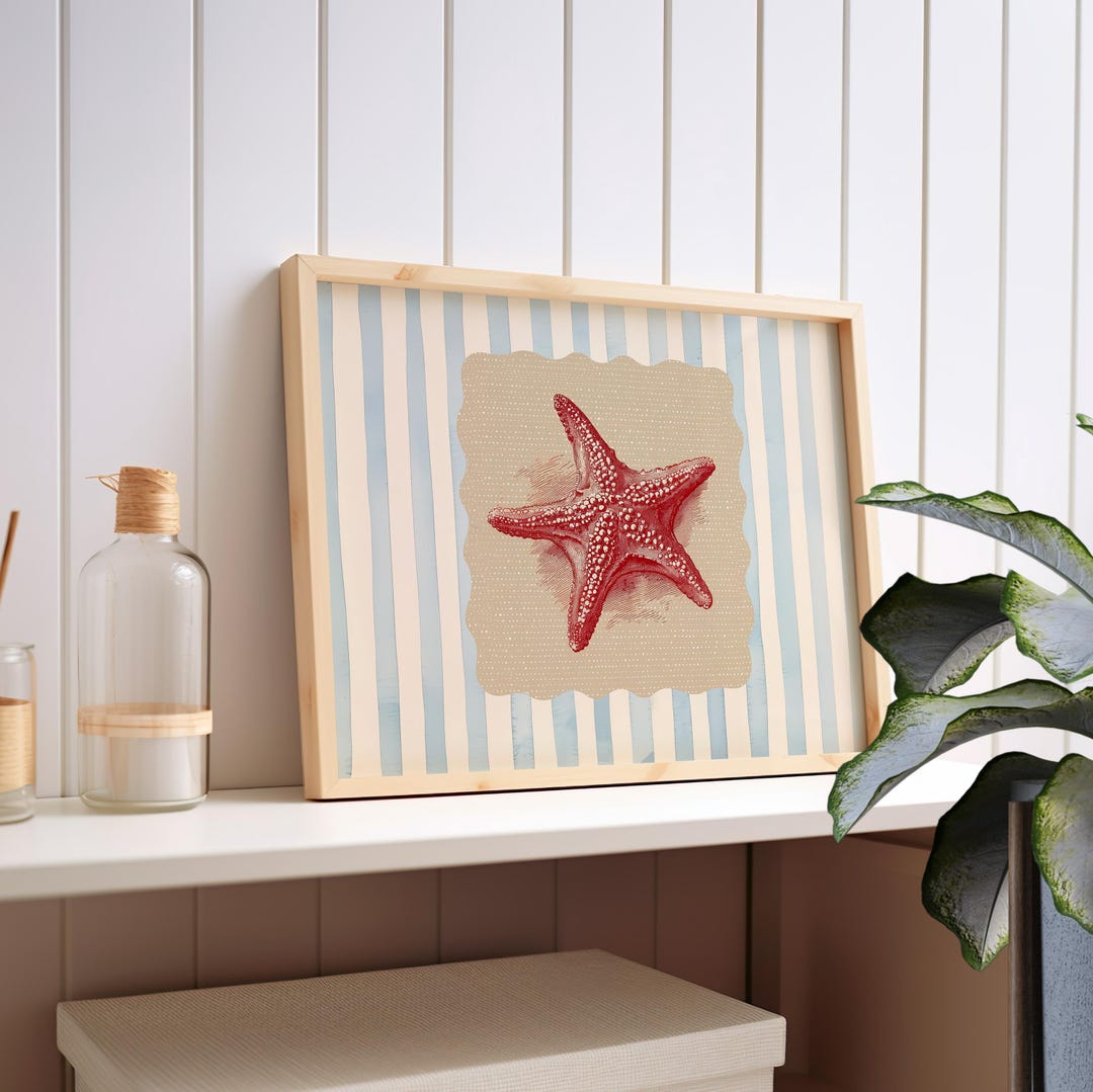 Vintage Starfish Blue Striped Poster or Canvas Print, Retro Coastal ...