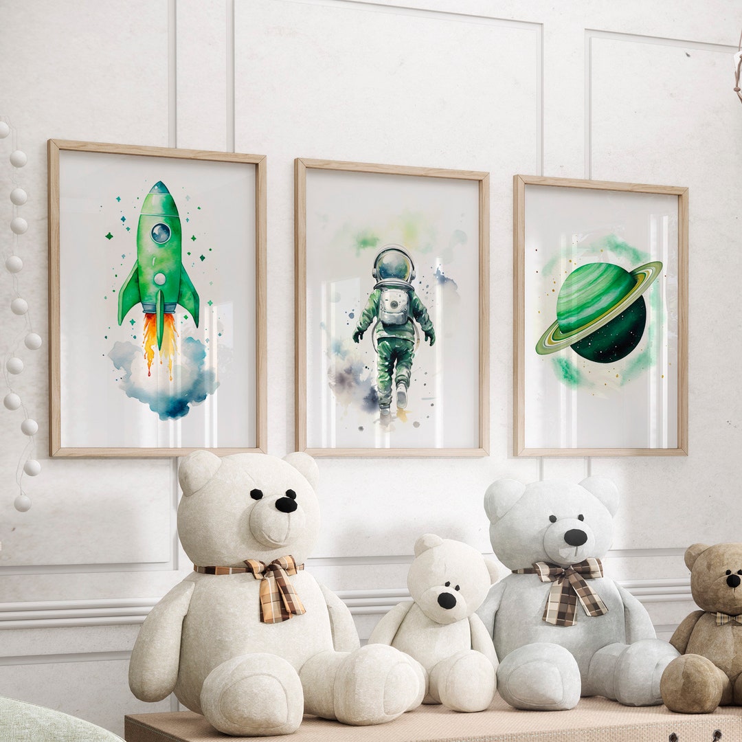 Green Nursery Decor Space Boy Prints Set of 3 Art or Canvas, Nursery ...
