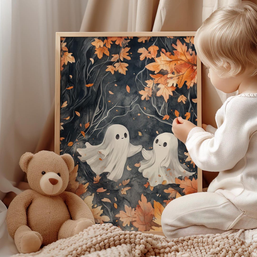 Cute Ghosts Playing in Autumn Leaves Whimsical Wall Art Poster or ...