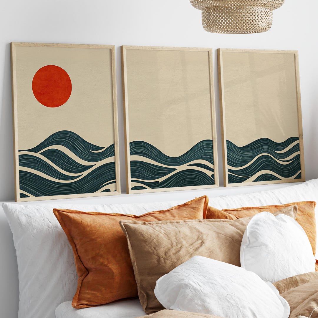 Minimalist Sun and Abstract Waves Set of 3 Wall Art Poster or Canvas ...