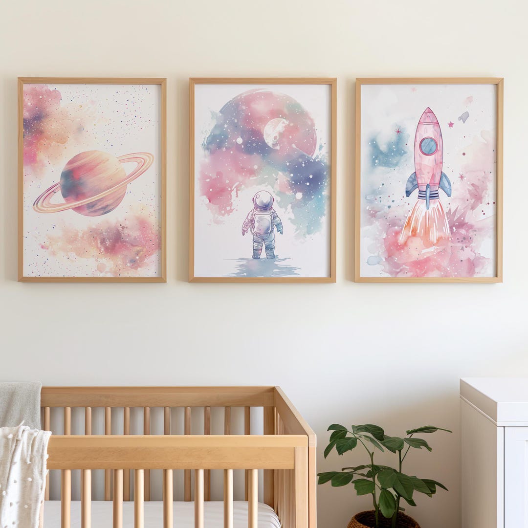 Watercolor Light Pink Pastel Space Astronaut Set of 3 Art Print Nursery ...
