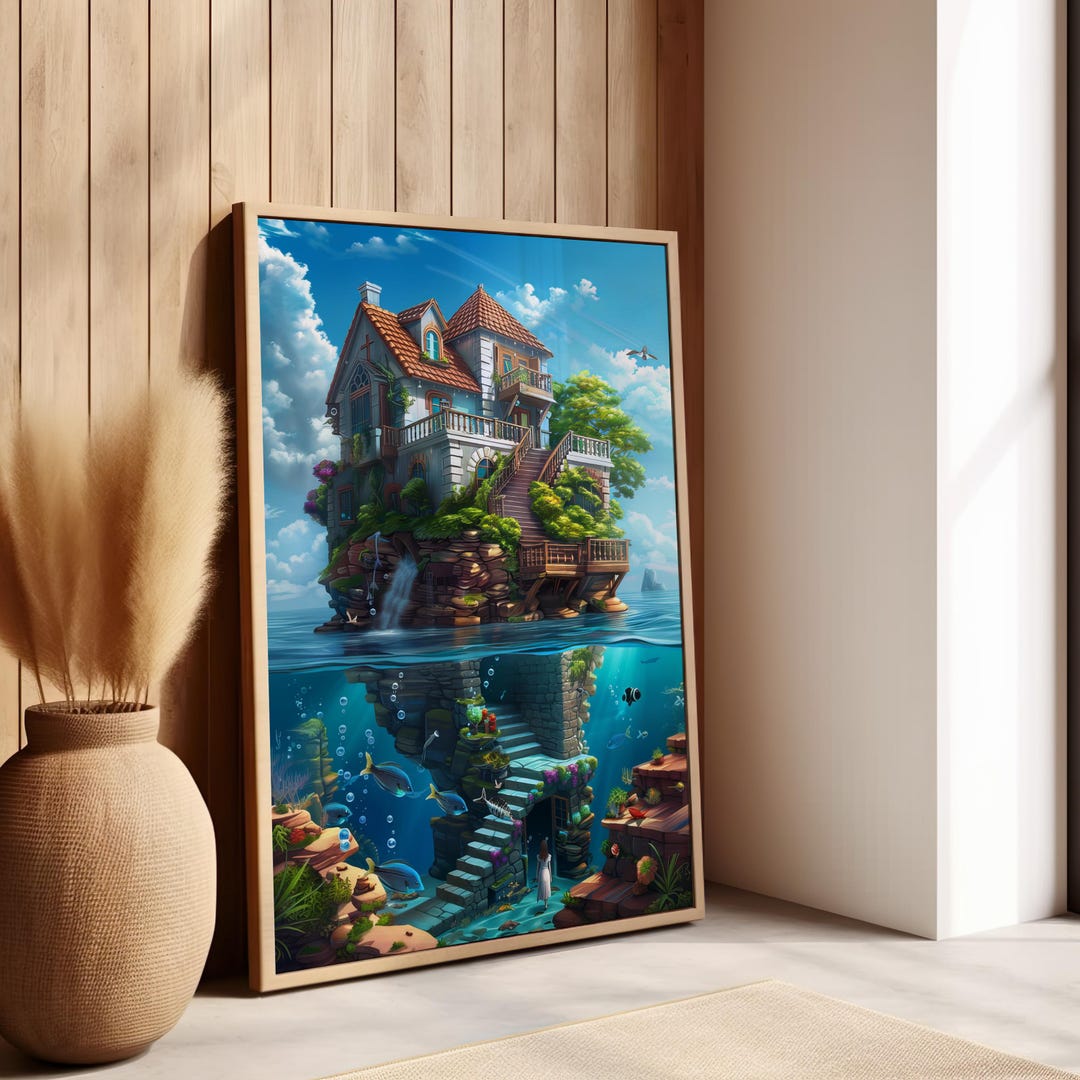 Two Story House on an Island Aquatic Art Print Poster or Canvas ...