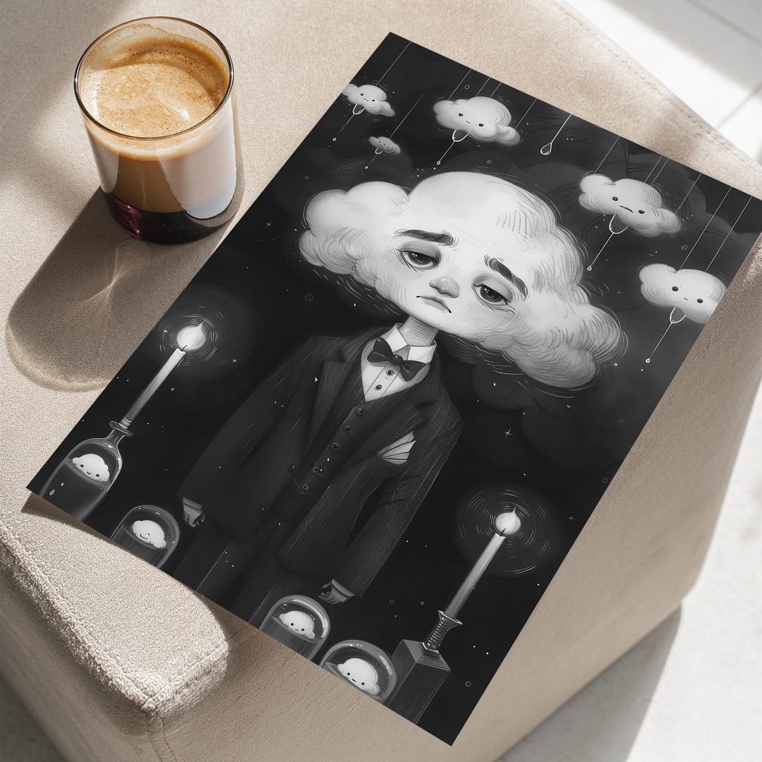 Sad Face Cloud Head Gothic Wall Art Poster or Canvas Print, Moody ...