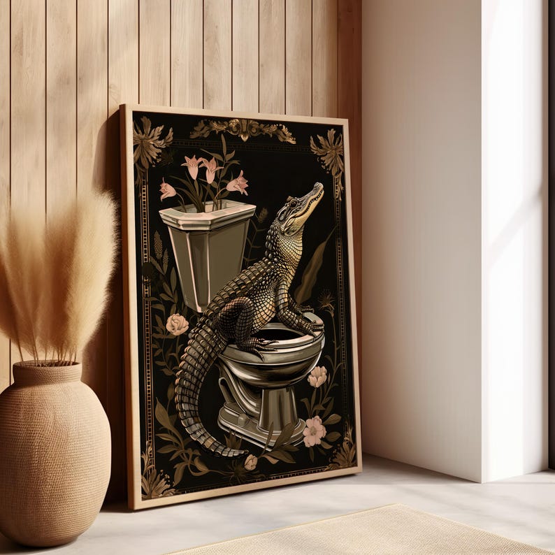 Botanical Alligator on the Toilet Floral Vintage Style Whimsical Wall ...
