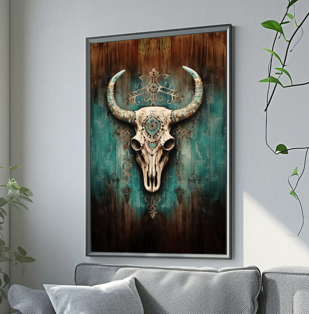 Aztec Bull Skull Art Print, Western Boho Country Style Bull Skull ...