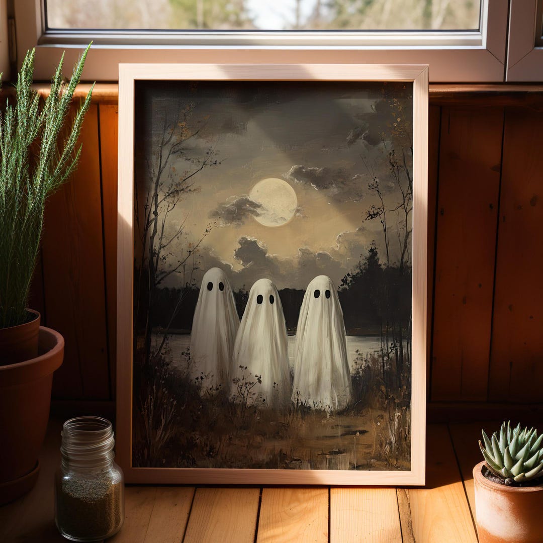 Three Sheet Ghosts With Moon Cloudy Sky Oil Painting Surreal Art Print ...