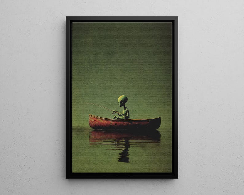 Retro Alien and Bigfoot Fishing Wall Art Set of 2 Poster or Canvas ...