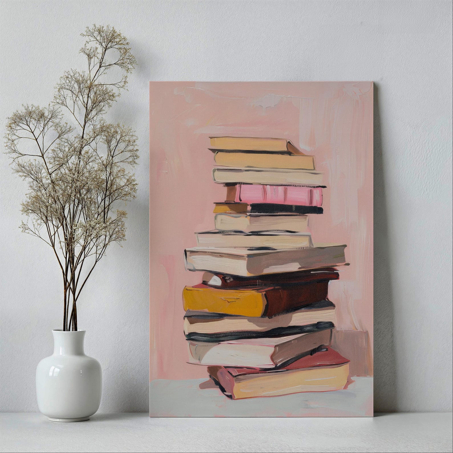 Stack of Books Oil Painting Pink Beige Tones Poster or Canvas Print ...