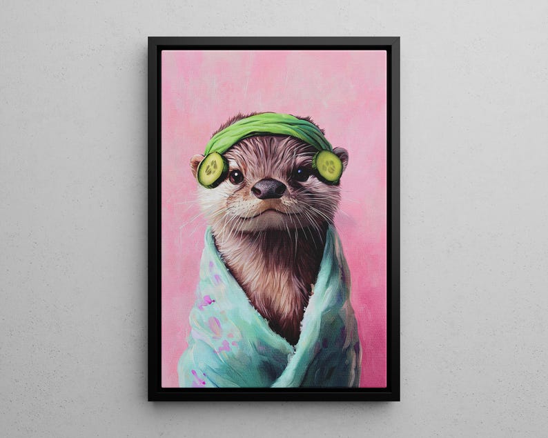 Cute Otter Pink Portrait Oil Painting Poster or Canvas, Preppy Wall Art ...