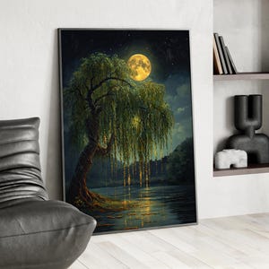 Full Moon Over Weeping Willow Tree by the Lake Mystical Wall Art Poster ...