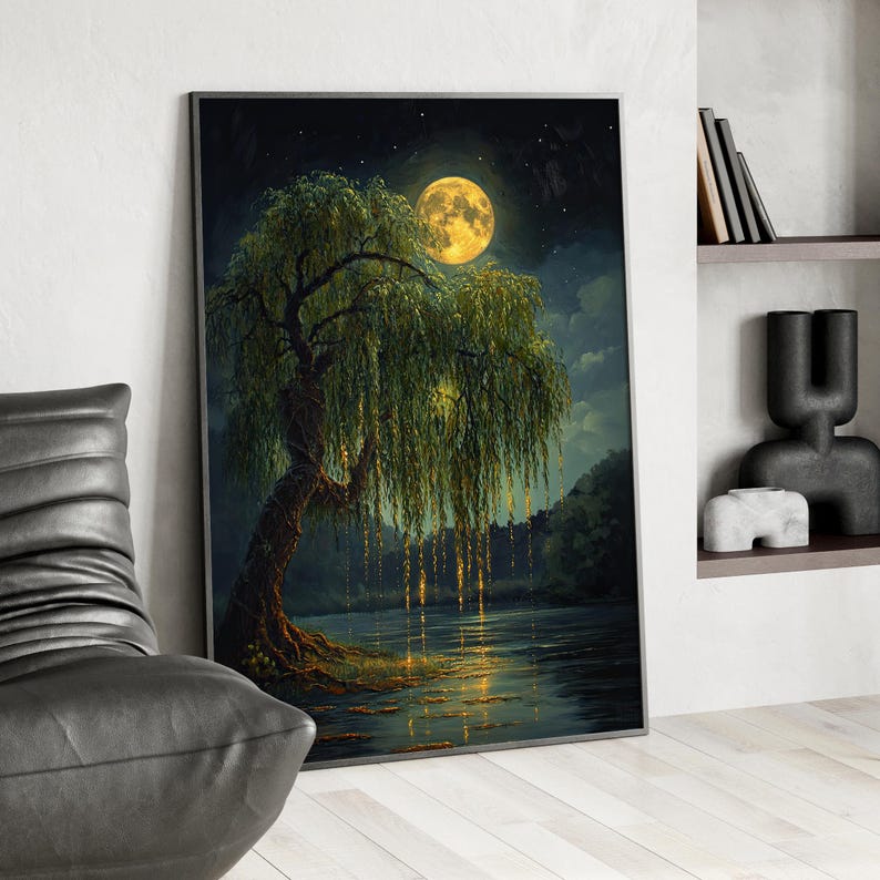 Full Moon Over Weeping Willow Tree by the Lake Mystical Wall Art Poster ...
