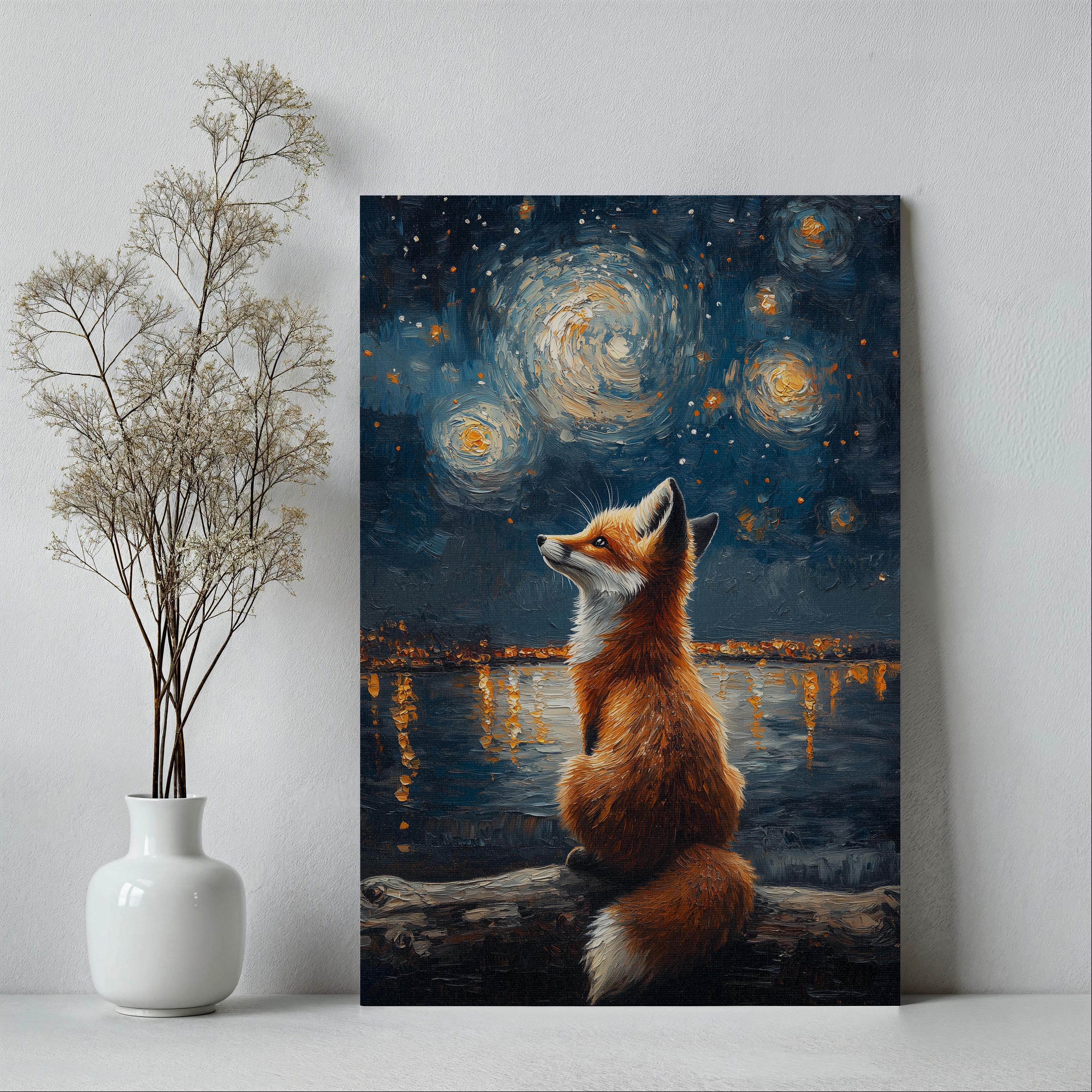 Red Fox Portrait Starry Night Sky Van Gogh Inspired Oil Painting Poster ...