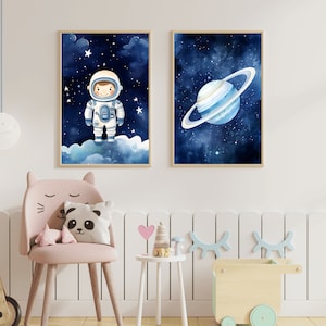 Watercolor Space Wall Art Set of 3, Astronaut Spaceship Planet Print ...