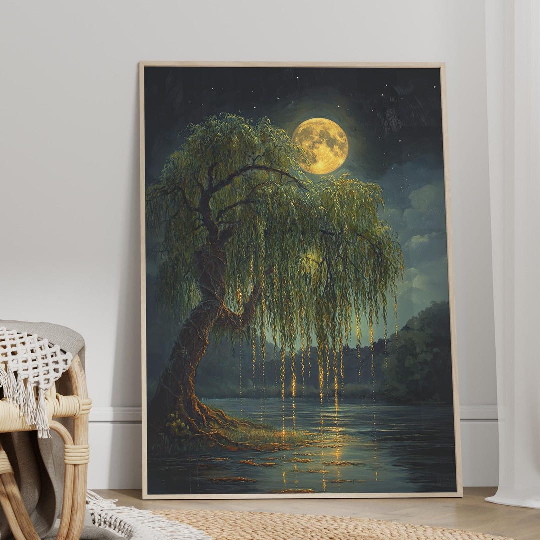 Full Moon Over Weeping Willow Tree By The Lake Mystical Wall Art Poster Or Canvas Print Golden