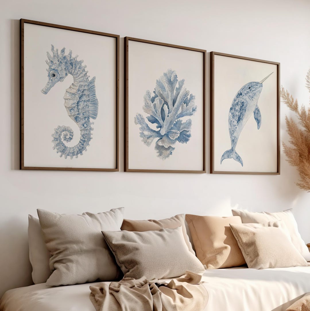 Underwater Sea Creatures Blue Watercolor Art Prints Set of 3 Poster or ...