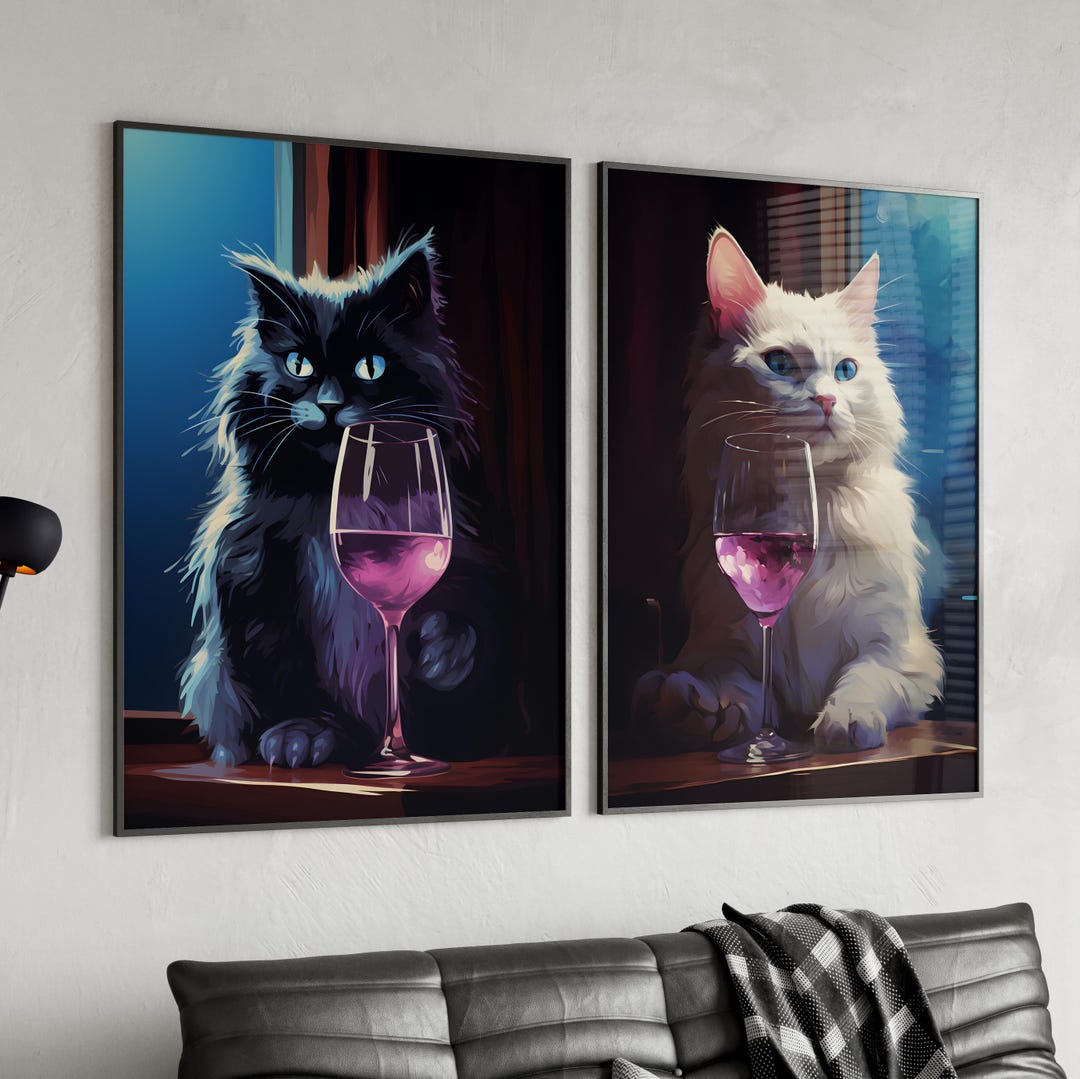 Modern Fat Cat Drinking Wine Wall Art Print or Canvas Set of 2, Black ...