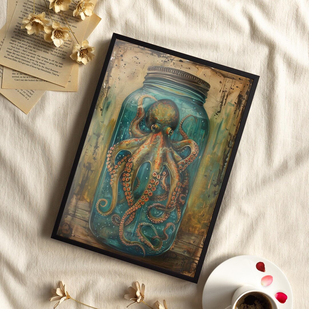 Octopus in Mason Jar Watercolor Art Print, Nautical Decor Sea Life Wall ...