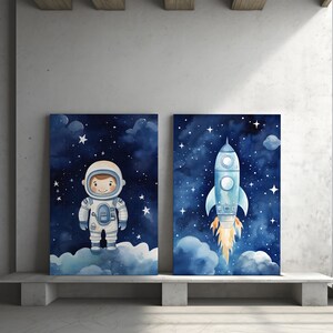 Watercolor Space Wall Art Set of 4 Canvas, Astronaut Spaceship Planet ...