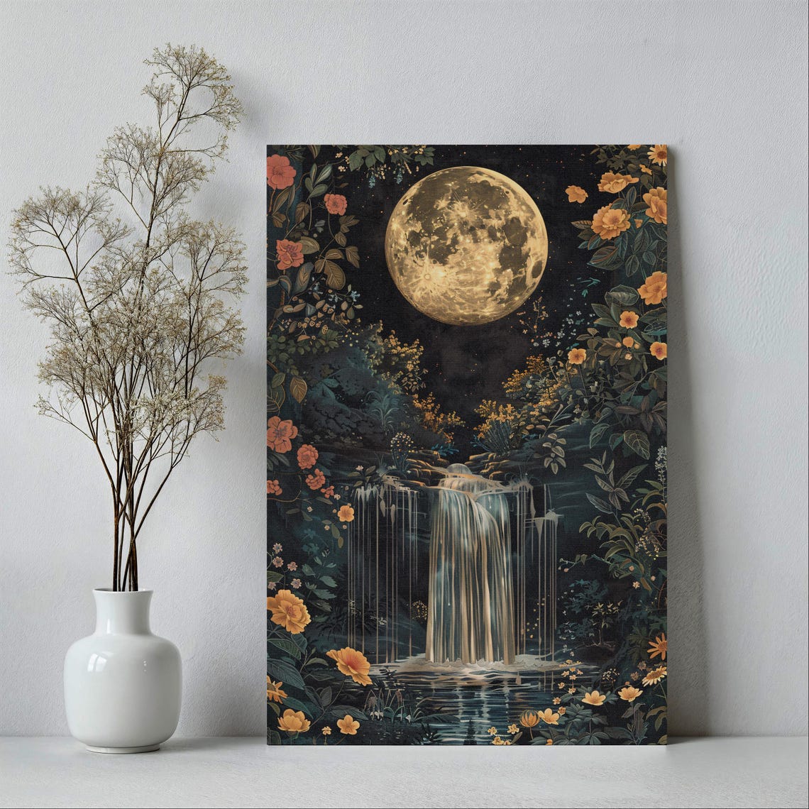 Floral Golden Moon With Waterfall Watering Plants Art Poster or Canvas ...