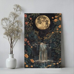 Floral Golden Moon With Waterfall Watering Plants Art Poster or Canvas ...