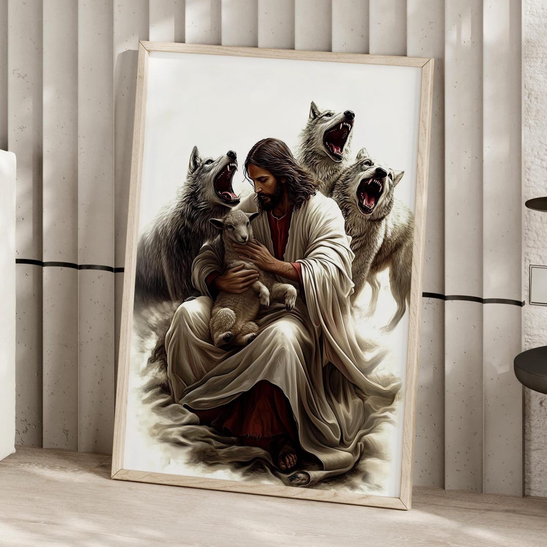 The Protector Art Print Poster or Canvas, Jesus Protects the Lamb From ...