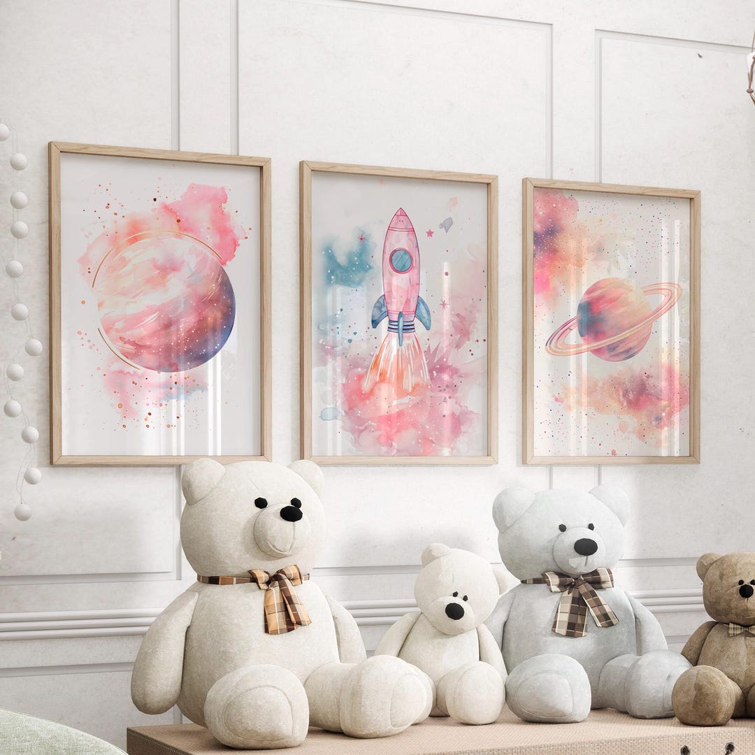 Watercolor Light Pink Pastel Space Set of 3 Art Print Nursery Decor ...